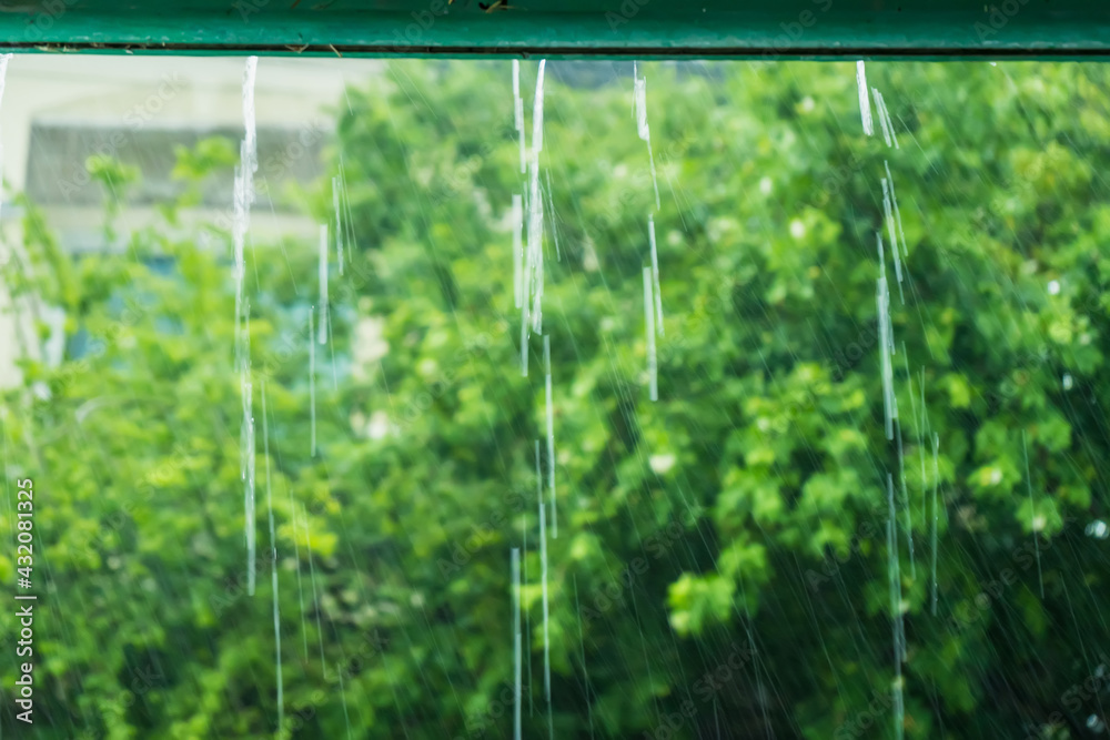 The day was heavy rain, the weather was overcast. Rainwater dripping ...