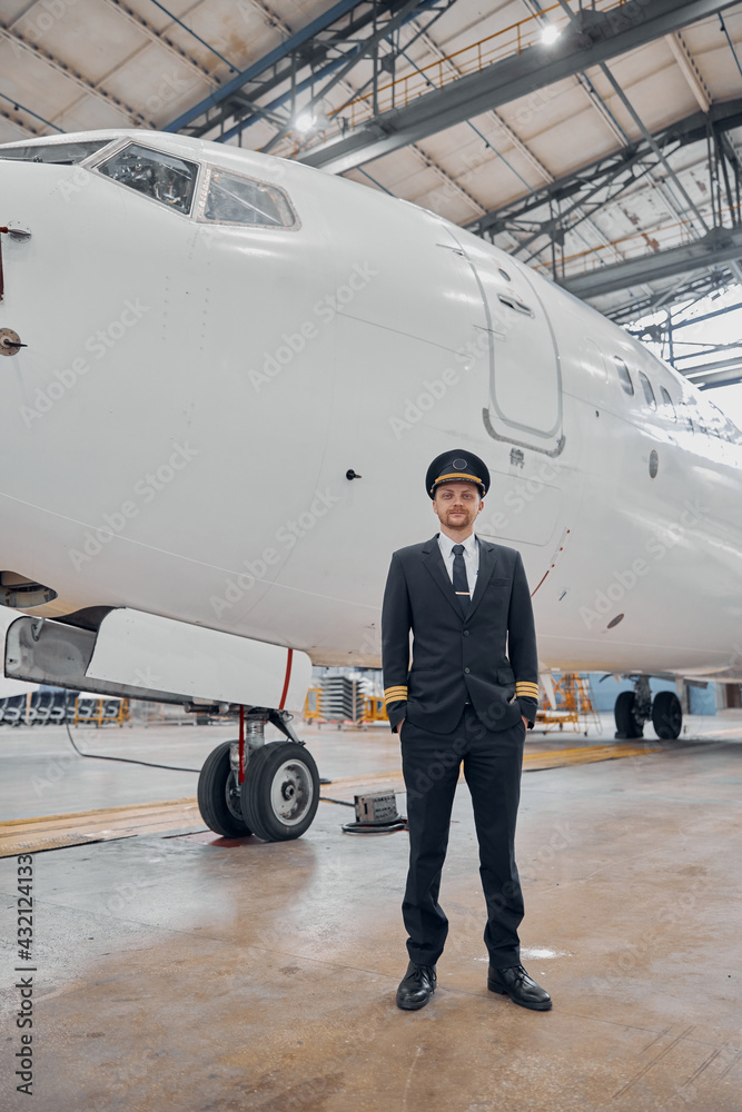 profesol confident pilot is checking plane in hangar Stock Photo ...