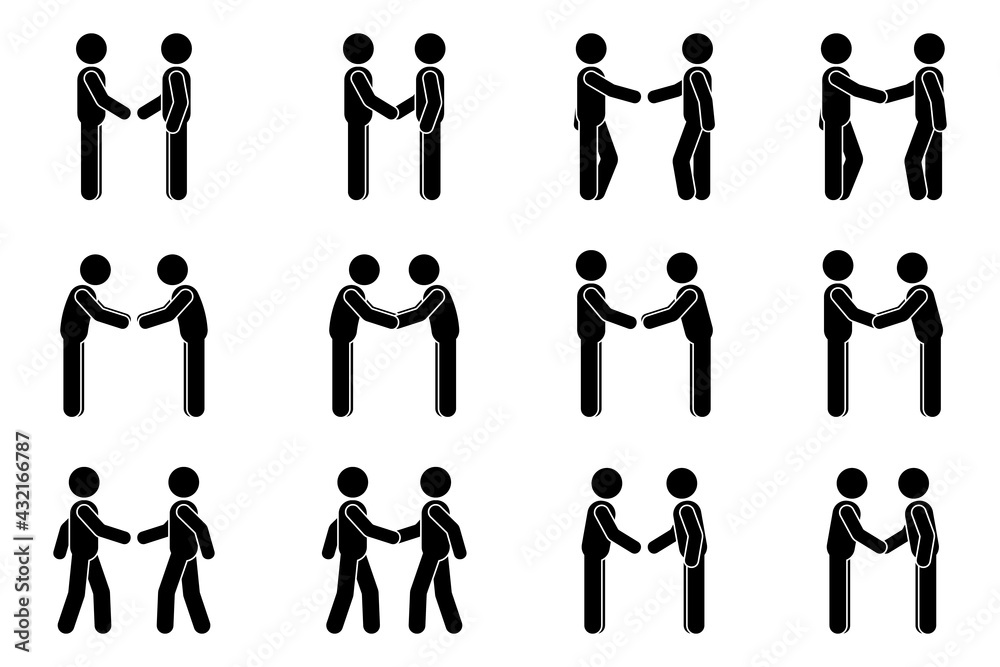 Handshake stick figure man side view poses postures vector illustration ...