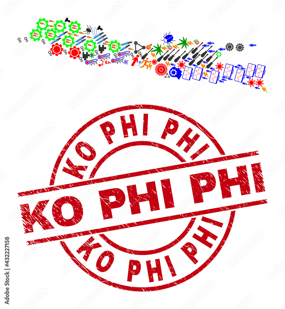Java Island map collage and grunge Ko Phi red round stamp imitation. Ko ...