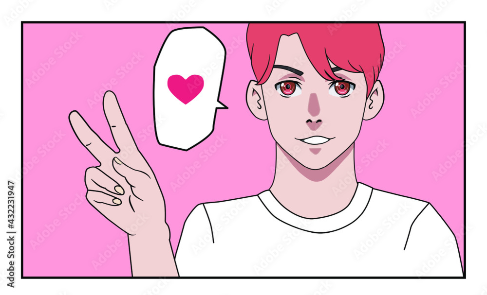 Cartoon anime style illustration of k-pop idol or popular guy. Comic ...