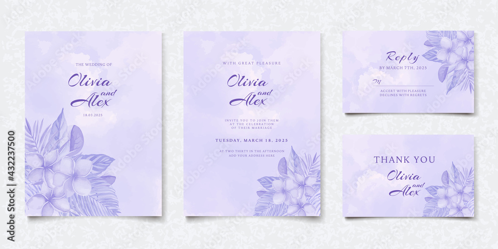 Set of watercolor purple floral wedding invitation card Stock Vector ...