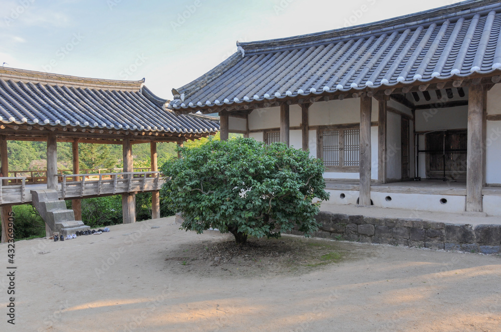 Korean Confucian Academy from Joseon Dynasty era. Courtyard with small ...
