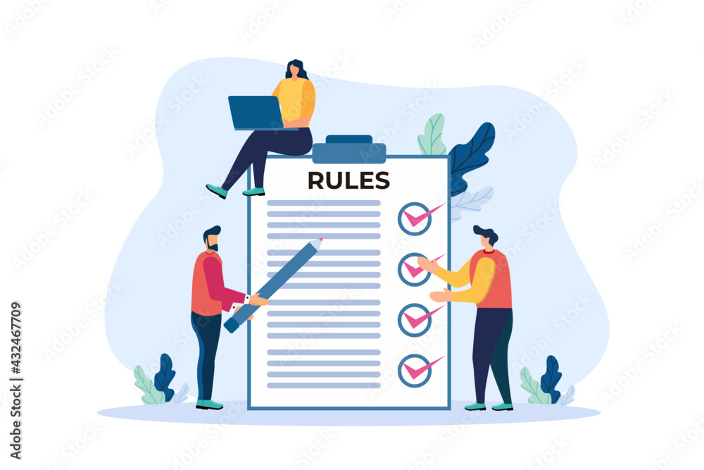 Business people studying list of rules, reading guidance, making checklist. Vector illustration ...