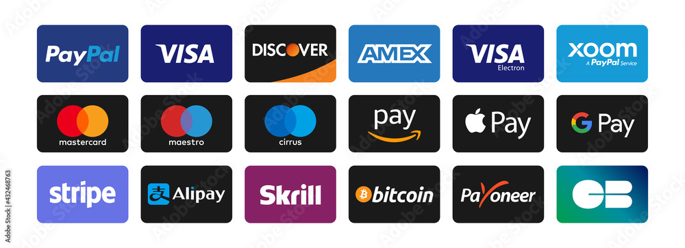 Online payment methods button set, brand logo : Paypal, Visa, Mastercard, American Express ...