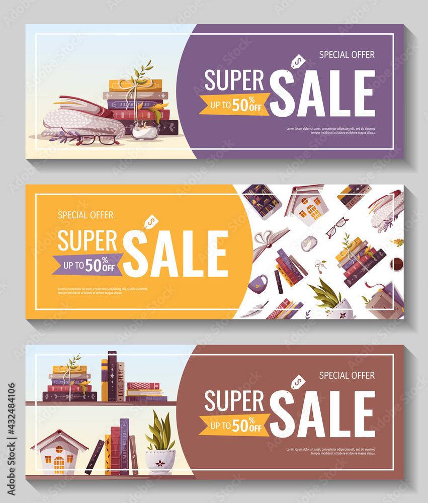 Promo sale banners for bookstore, bookshop, library, book lover, e-book ...