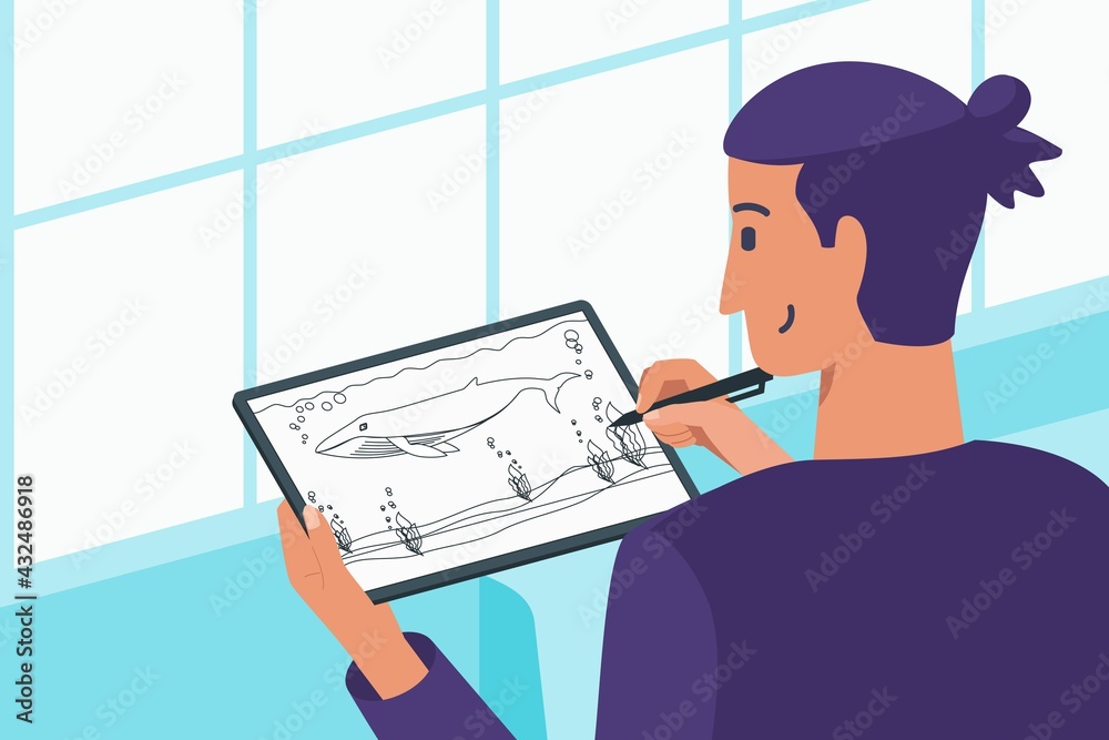 Pro Digital Artist with Man Bun Hairstyle Create Sketch Drawing of ...