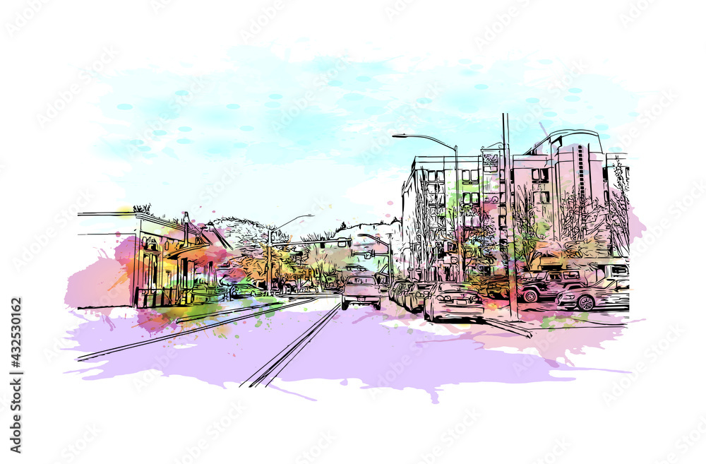 Building view with landmark of Eugene is a city in Oregon. Watercolor ...