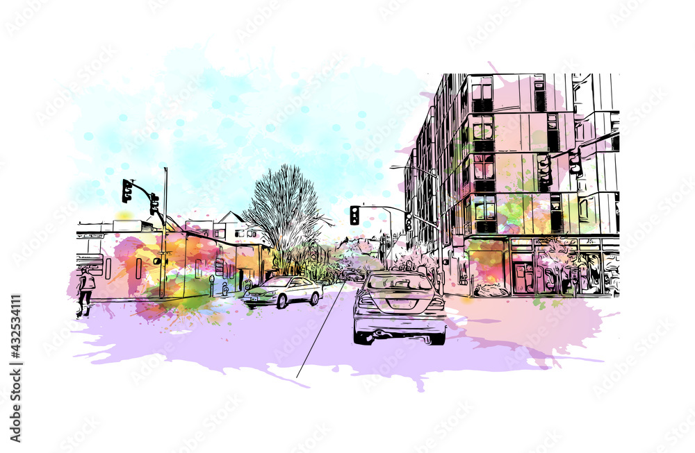 Building view with landmark of Eugene is a city in Oregon. Watercolor ...