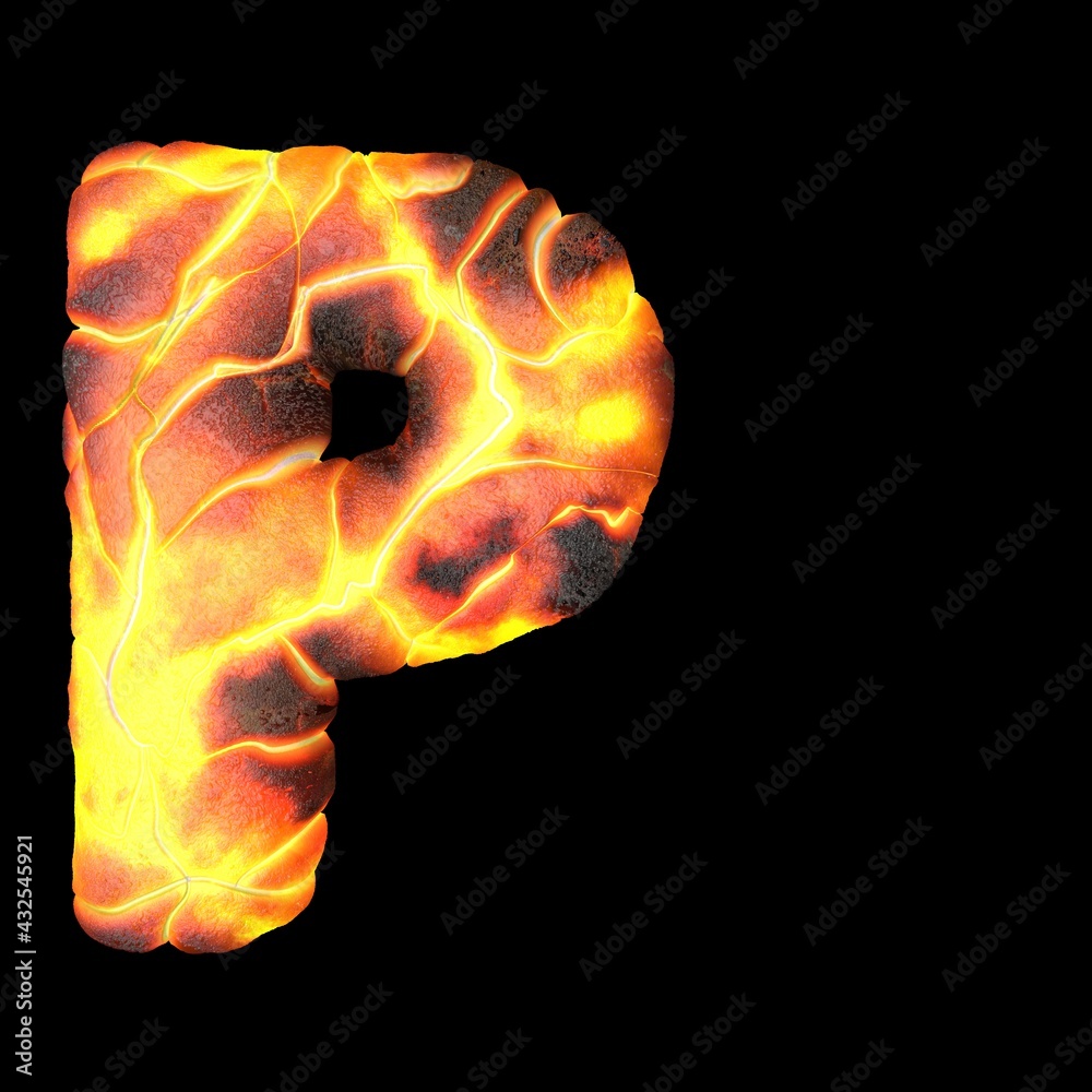 Volcanic 3d rendering letters. English lava font isolated on black ...