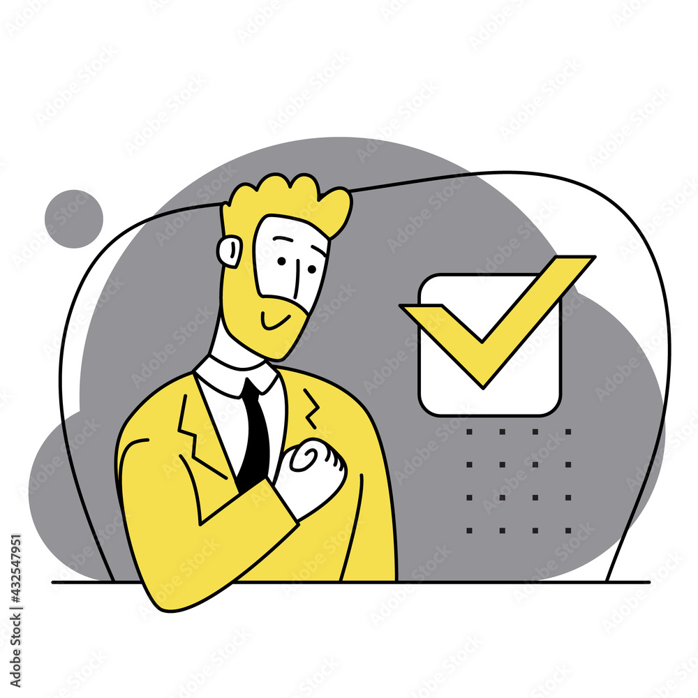 Happy businessman makes a hand movement on the his workplace. Check the ...