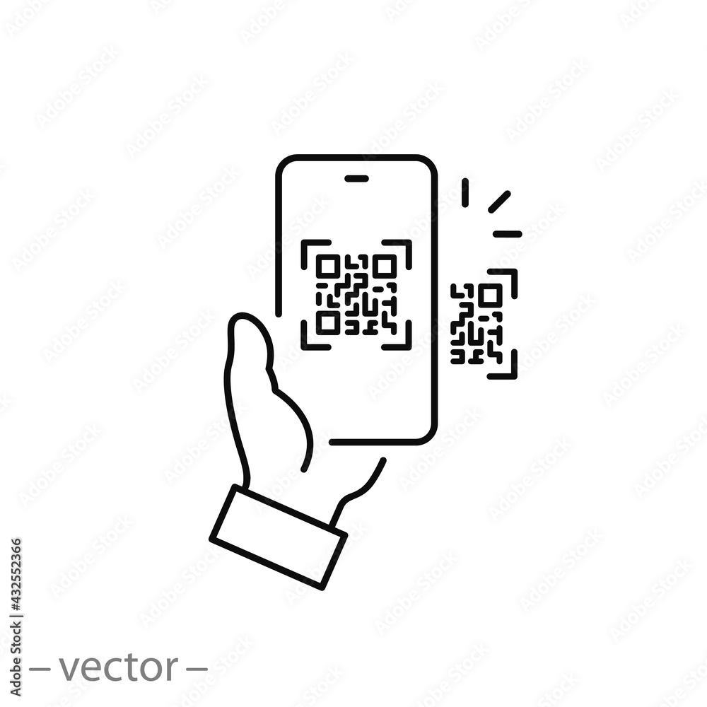 scan qr code icon, payment hand with phone, scanner app, thin line symbol on white background ...