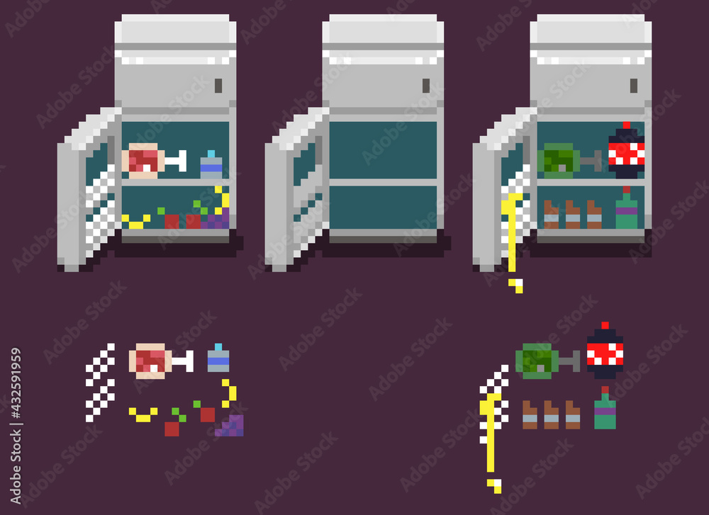 refrigerators with healt and unhealthy food, pixel art style Stock ...