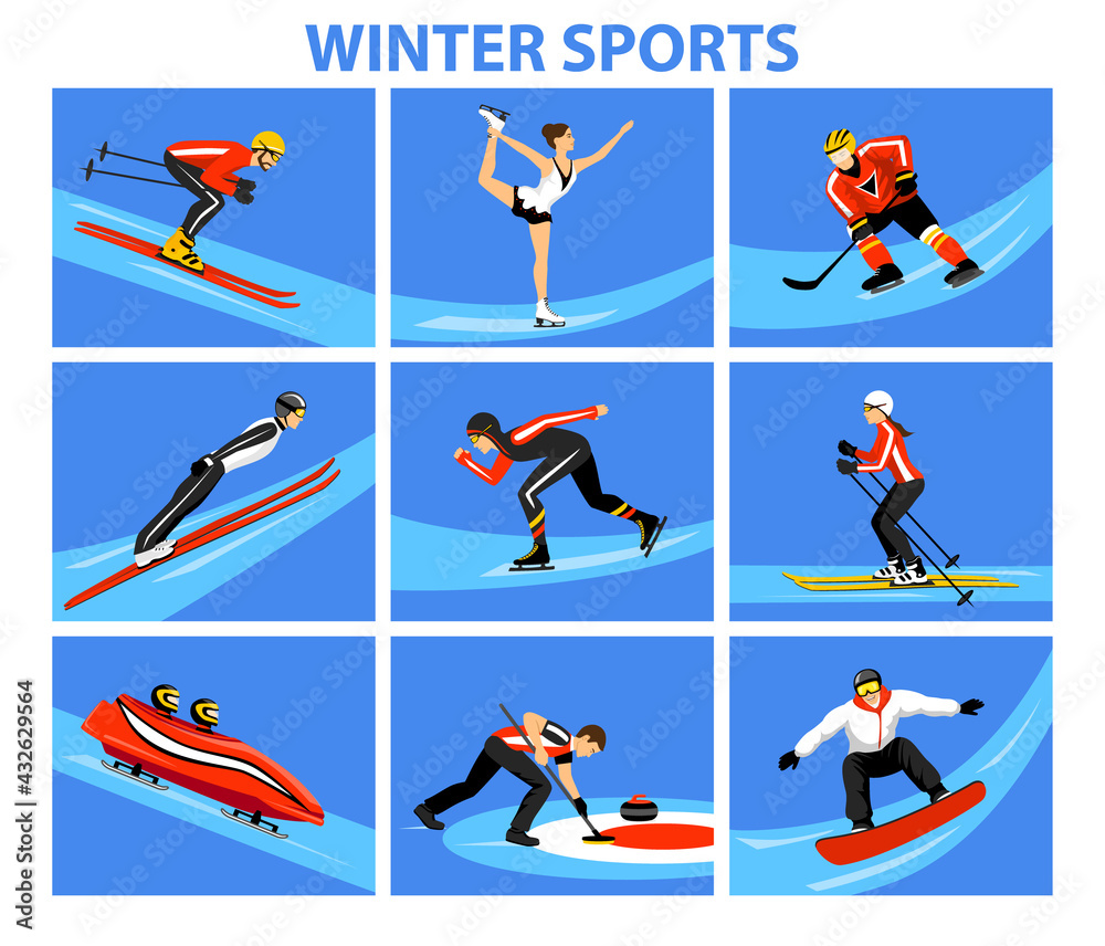 Winter Ice Snow Sports Set including cross country, freestyle skiing ...