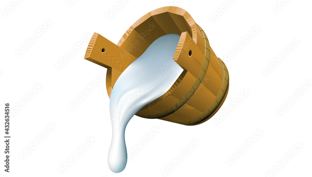 wooden milk bucket pours creamy milk, realistic vector illustration ...