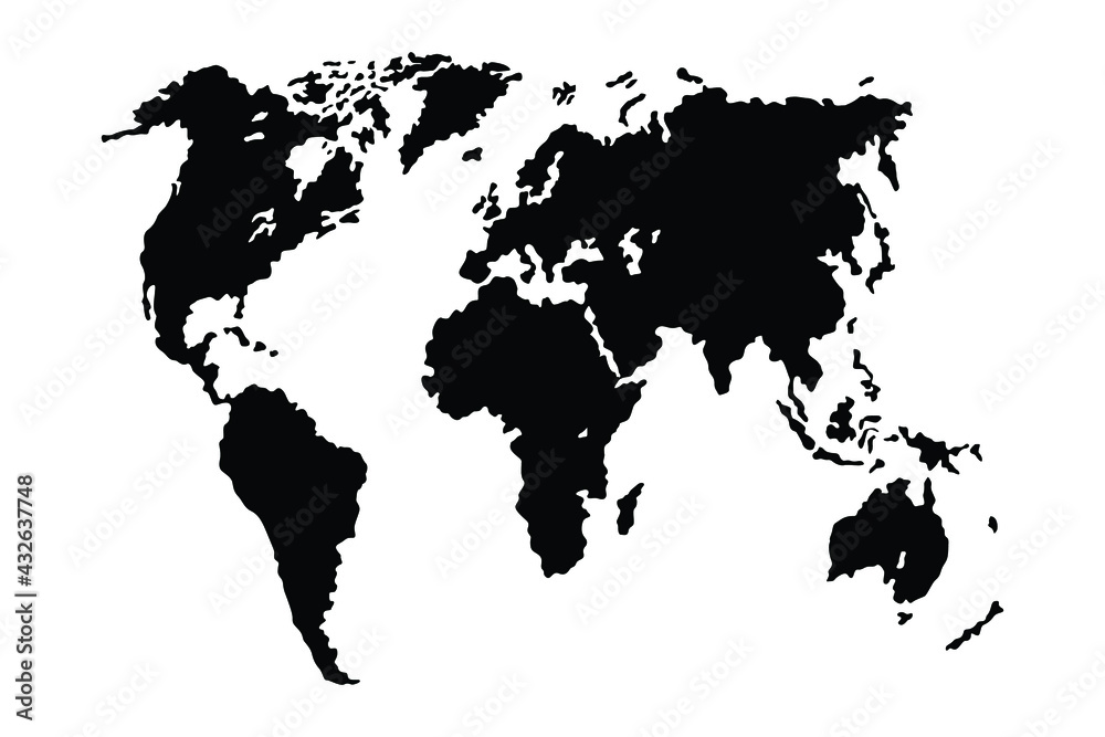 Simplified world map for laser engraving. Black outline of continents ...