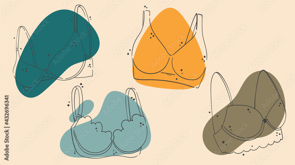 A set of four images of bras. Hand drawn cartoon outlines of tops, bras ...