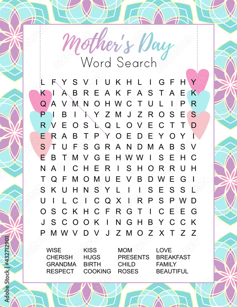 Beautiful Mother's Day word search puzzle. Educational game. Spring ...