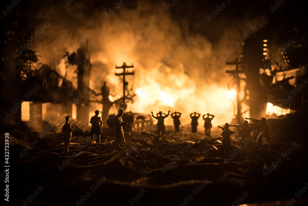Battle scene. Military silhouettes fighting scene on war fog sky ...