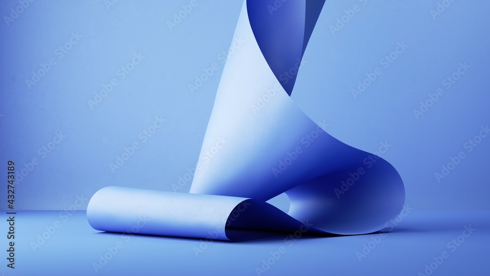 3d render, abstract background with blue folded ribbon, paper scroll ...