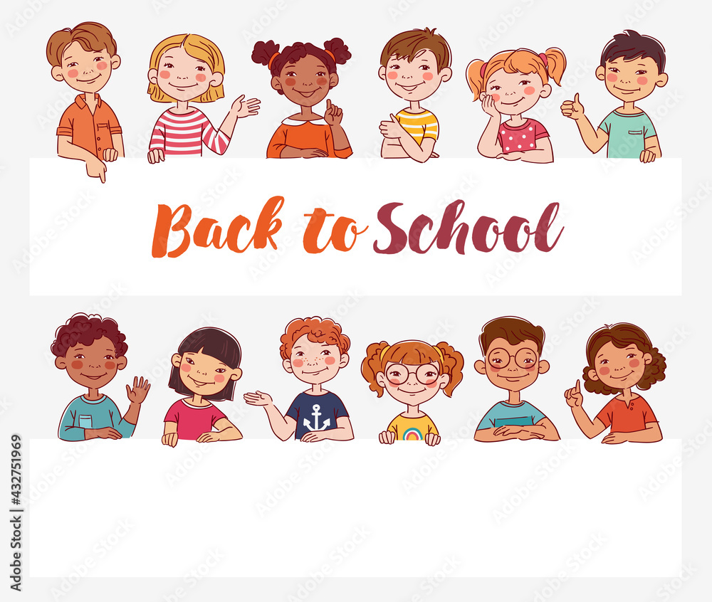 Funny kids. Vector cute boys and girls collection. Multi-ethnic group ...