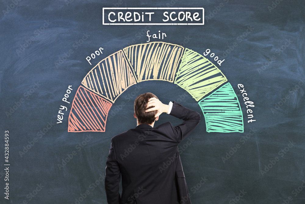 Credit score concept with pensive man back in front of chalkboard with ...
