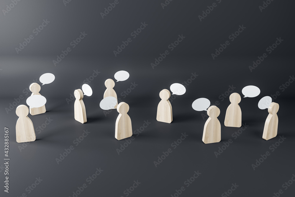 Multiple wooden figures with speech clouds on a dark background. Social ...