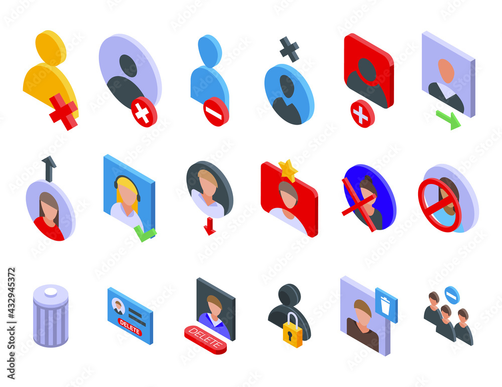 Delete user icons set. Isometric set of delete user vector icons for ...