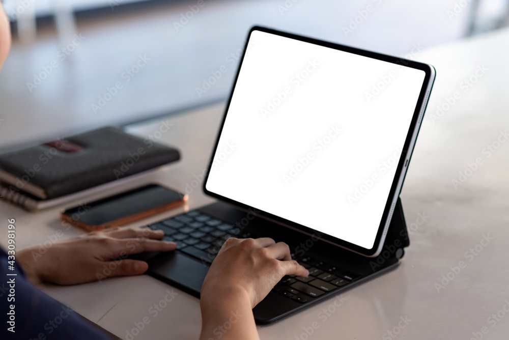 Image of the hand woman working printing tablet blank white screen at ...