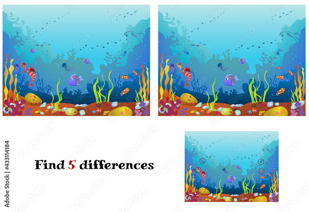 Marine animals and plants, colored cartoon with marine life. Vector ...
