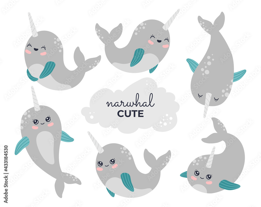 Cute sea animals stickers collection, baby whale set. Funny ocean ...