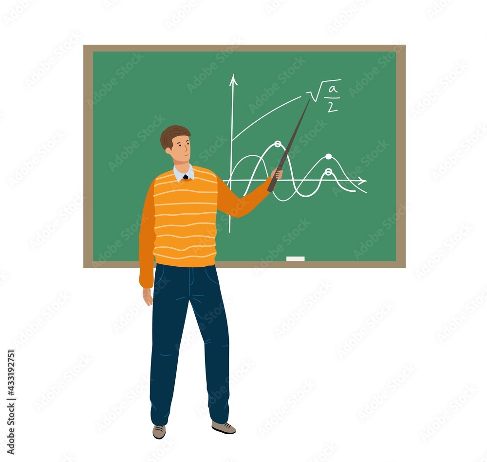 Male teacher with pointer standing front of blackboard in classroom ...