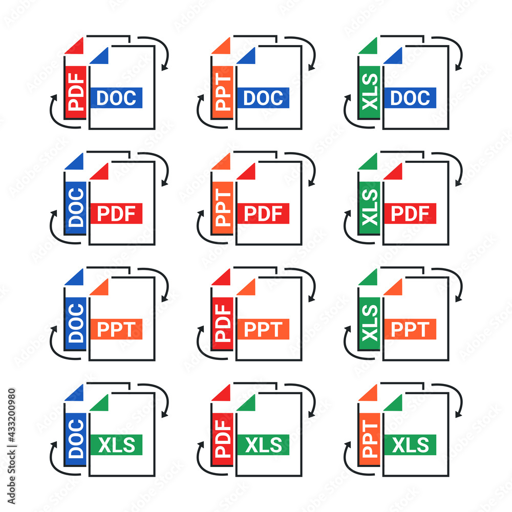 Set of file type, format and extension of documents. File converter. Exchange. PDF, DOC, PPT and ...