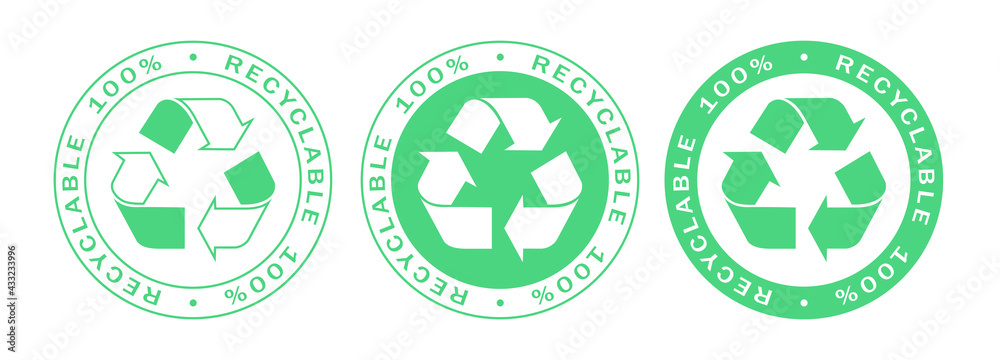 Recyclable on 100% label stamps icon set. Recyclable and biodegradable ...