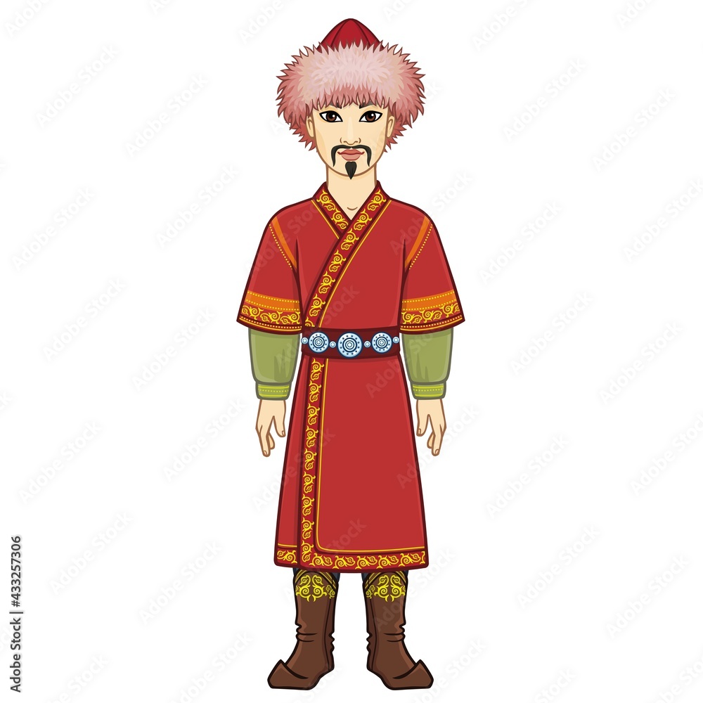 Animation portrait of Asian man warrior in a national hat and clothes ...