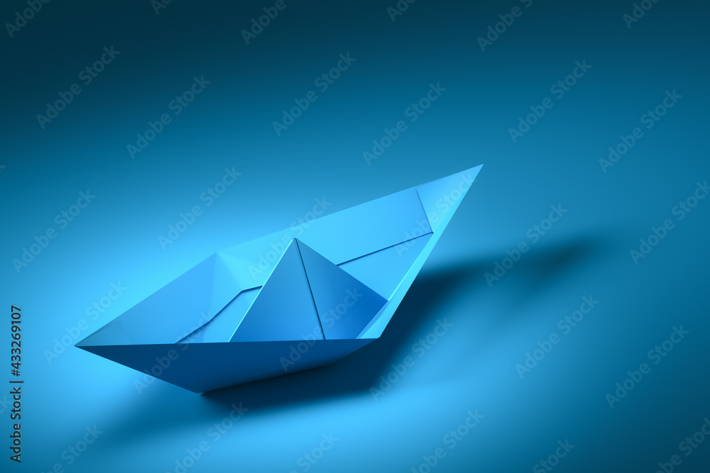 Paper boat blue color on sea wave metaphor. Blue ship sailboat. Concept ...