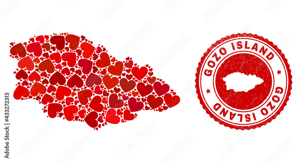 Collage Gozo Island map formed from red love hearts, and rubber seal ...