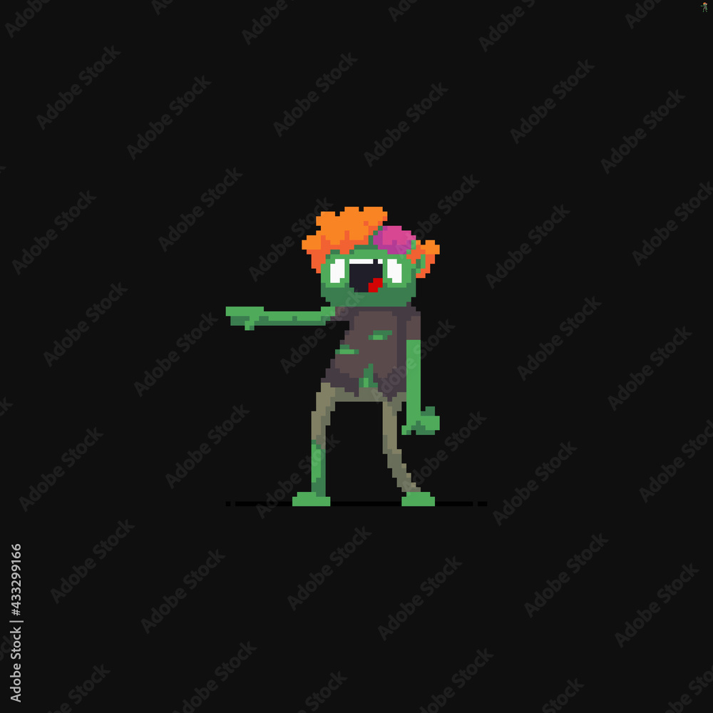 Pixel art laughing zombie with ginger hair and brain showing up ...