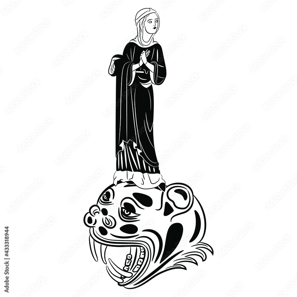Beautiful medieval woman standing on the head of a horrible monster ...