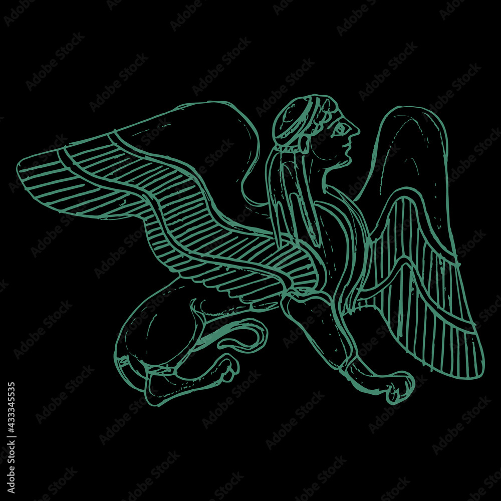 Fantastic winged female sphinx. Ancient Greek mythological creature ...