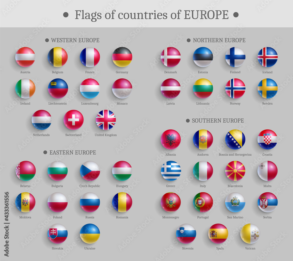 Flags of countries of Europe glossy buttons set. European countries ...