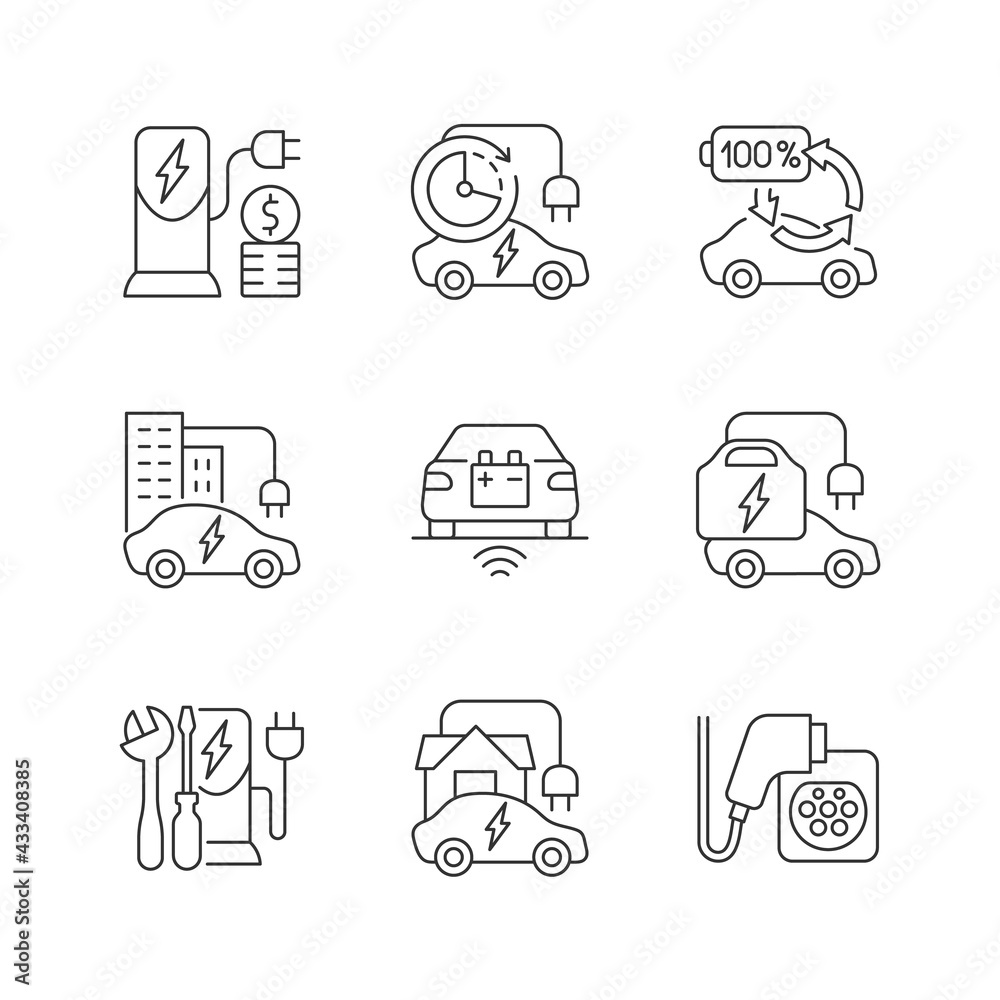 Electric vehicle charging linear icons set. Places where you can fill ...