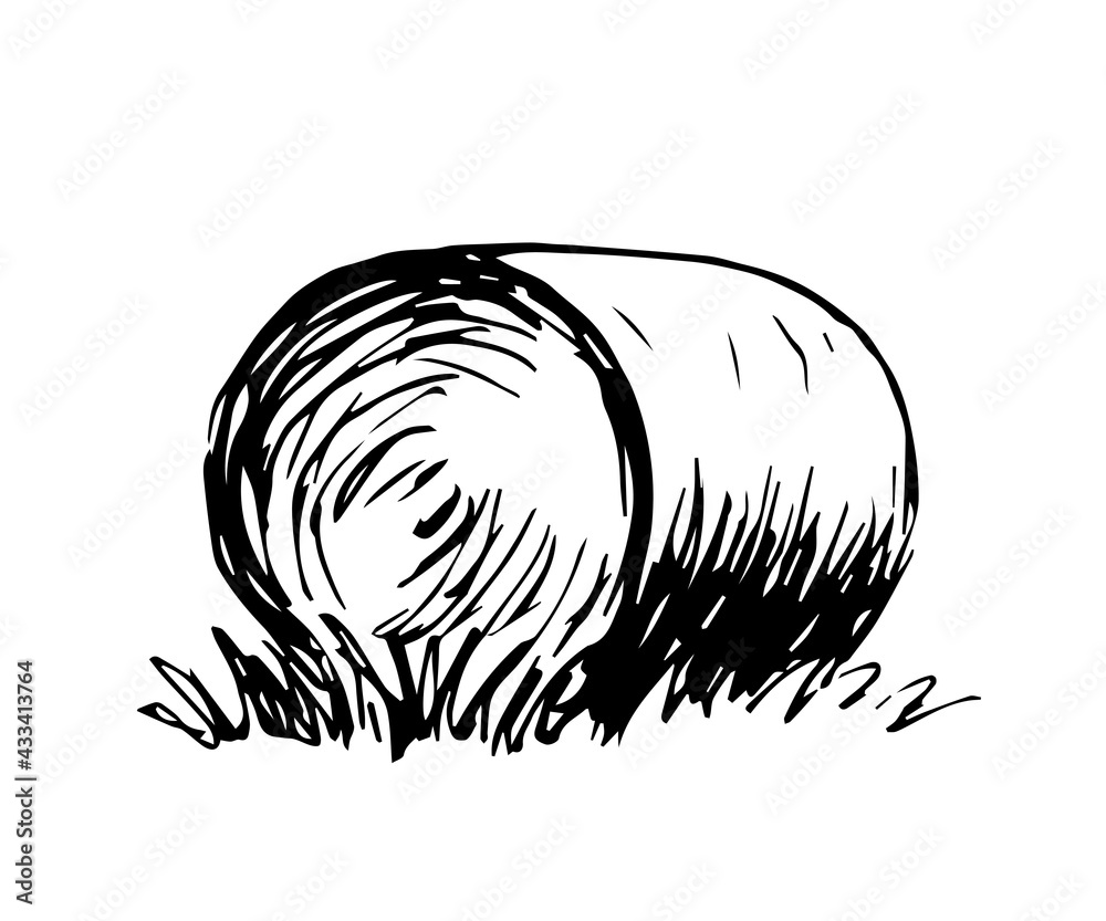 Simple hand drawn vector drawing in engraving style. Round haystack ...
