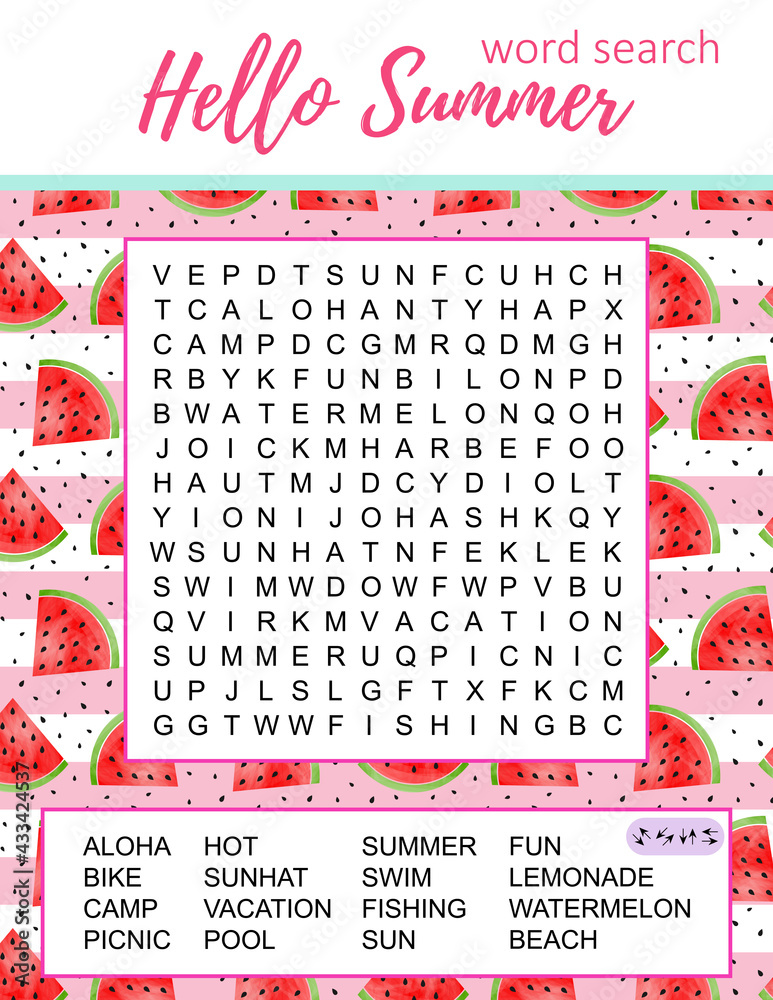 Summer word search puzzle. Educational game. Crossword suitable for ...