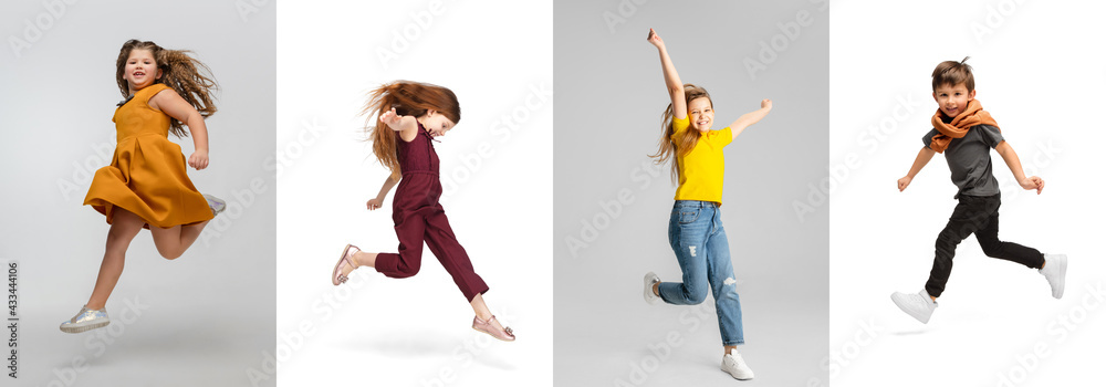 Art collage made of portraits of little and happy kids isolated on ...