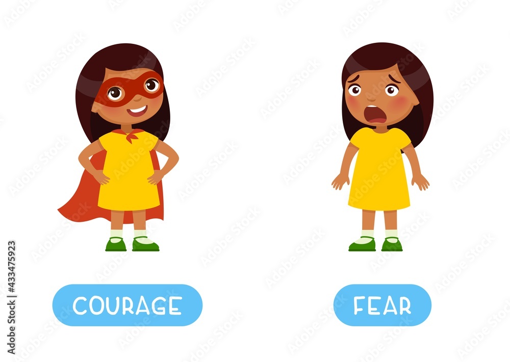 Courage and fear antonyms word card, opposites concept. Flashcard for ...