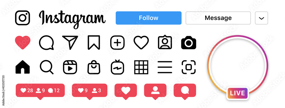 Instagram UI icons set. Isolated buttons, symbols, elements on white ...