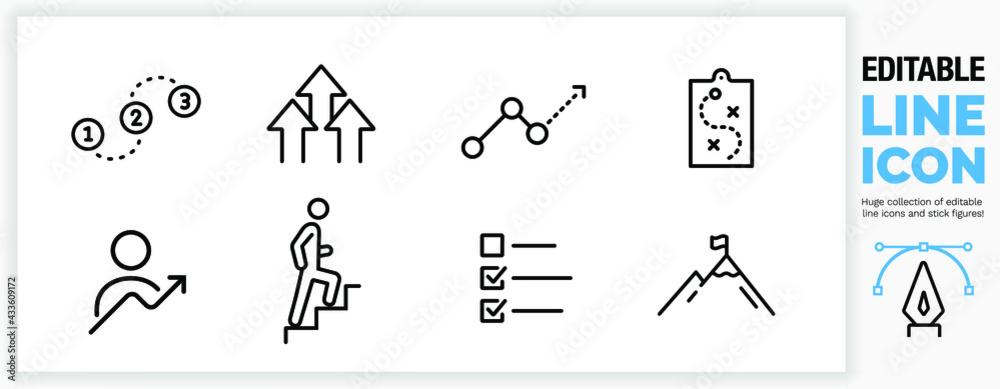 Editable line icon set of ambition, progress and personal growth Stock ...