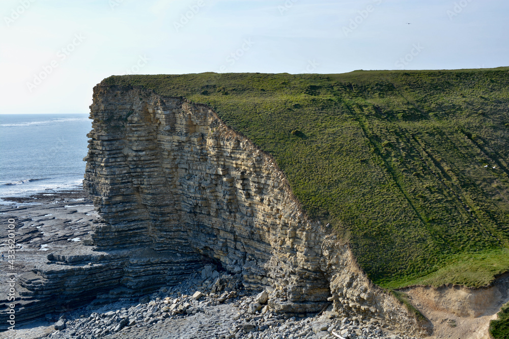 Nash Point in Llantwit Major, South Wales. The high cliffs and pathways ...