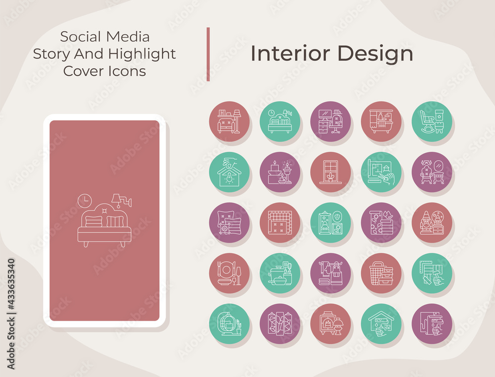 Interior design social media story and highlight cover icons set. Home ...